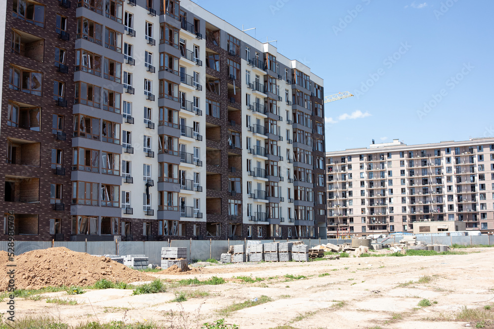 Broken windows of residential civilian building after Russian rocket ...