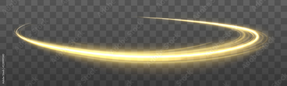 Golden glowing shiny spiral lines effect. Curved yellow line light ...