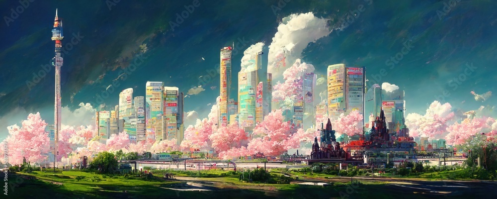 Landscape of a futuristic city in anime style illustration Stock ...
