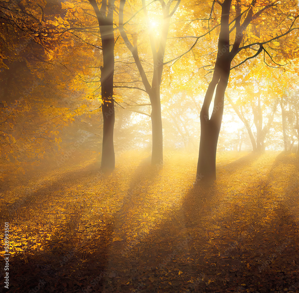 Sunny morning in autumn park landscape, sun rays shining through the ...