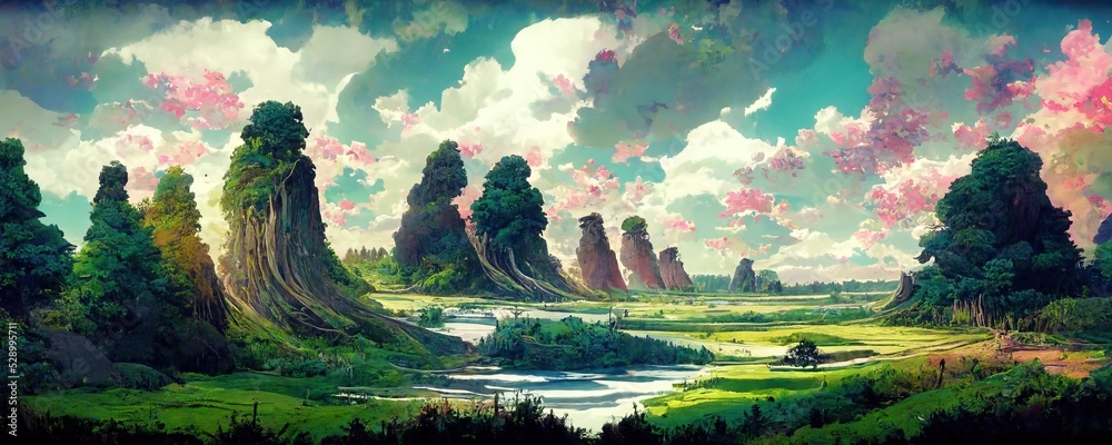 Natural landscape in anime style illustration. Generative AI Stock ...