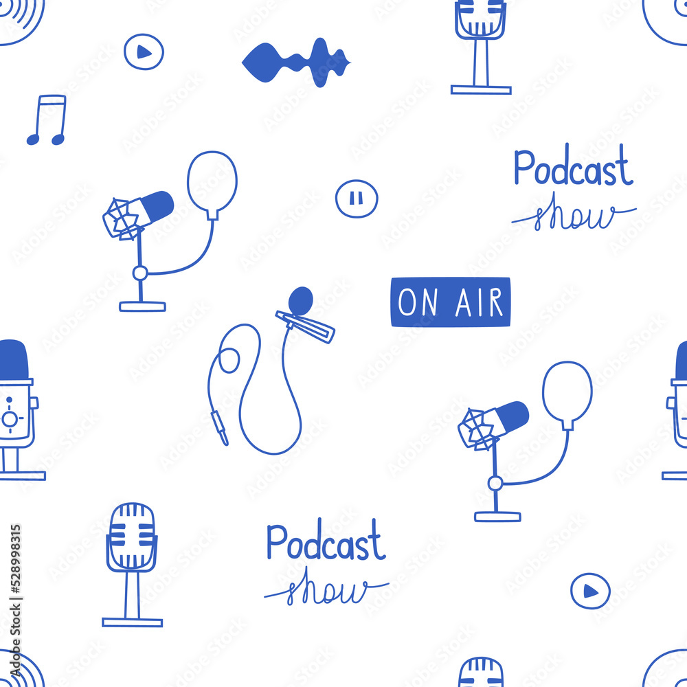 Seamless podcast-themed pattern. Vector background in the doodle style ...