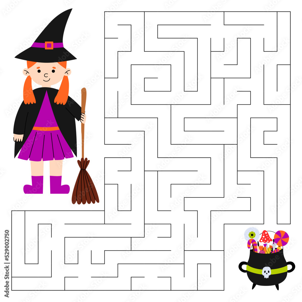 Maze game for children. Cute boy in costume witch looking for a way to ... Maze game for children. Cute boy in costume witch looking for a way to ...
