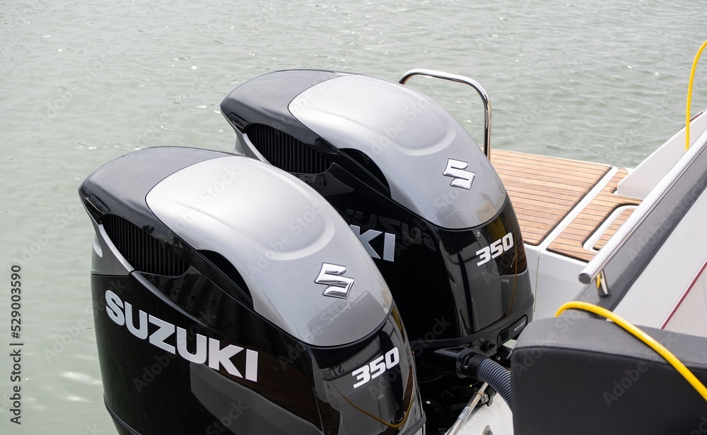 Suzuki DF350A marine engine on a luxury yacht with 350 horsepower Stock ...