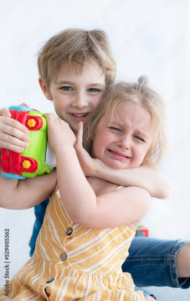 little boy and girl fighting over toy, siblings relationship, greed ...