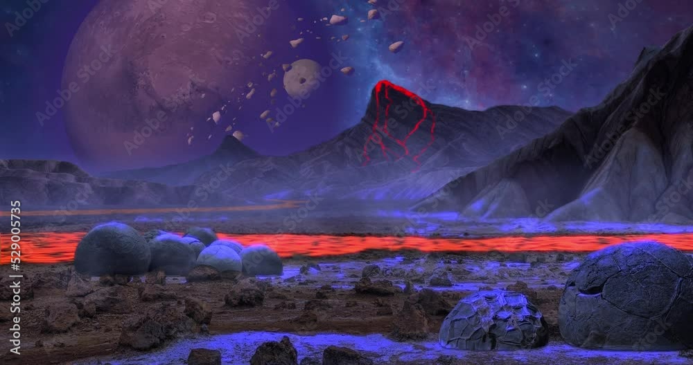 Animated alien landscape with a volcanos, rivers of lava, rock ...