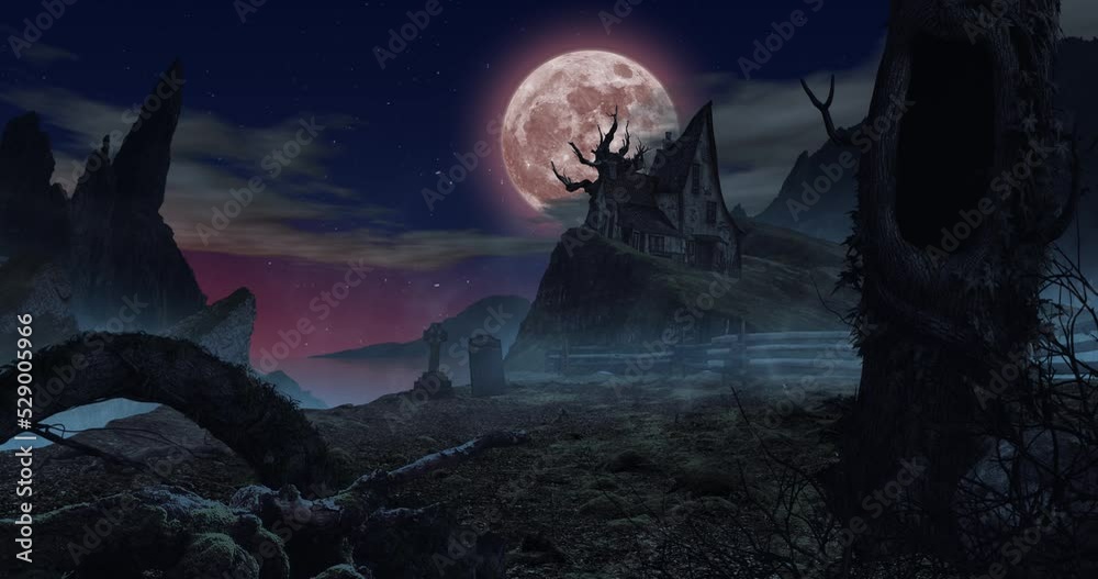 Animated spooky landscape of a haunted house on a hill in front a big ...