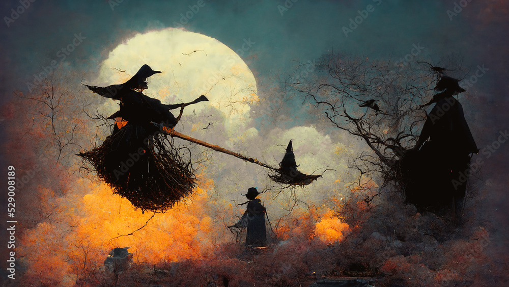 Halloween greeting card with witches flying on a broom, mysterious ...