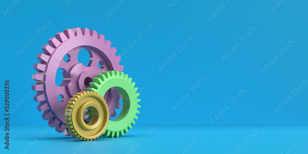 3D isometric three gear cog icons on blue background, blank copy space ...