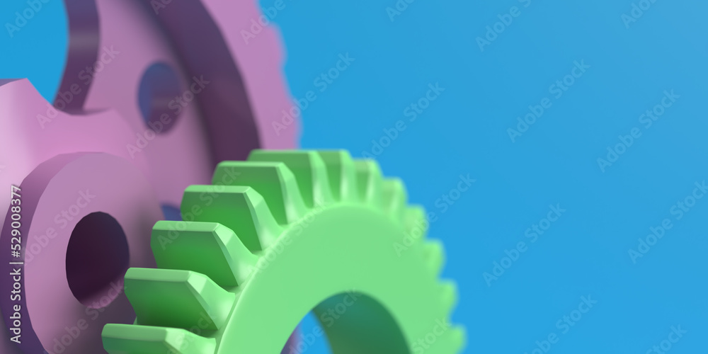 Gear wheel icons on blue background, blank copy space. Engineering ...