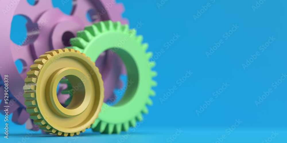 Three pastel colored gear cog icons on blue background, blank copy ...