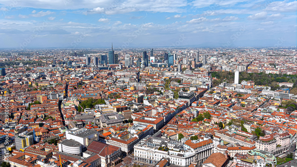 Aerial view of new Milan skyline, Italy. Panorama of Milano city with ...