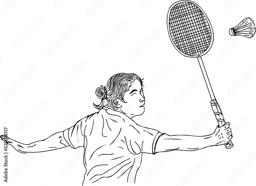woman badminton player sketch drawing, continuous drawing line logo ...