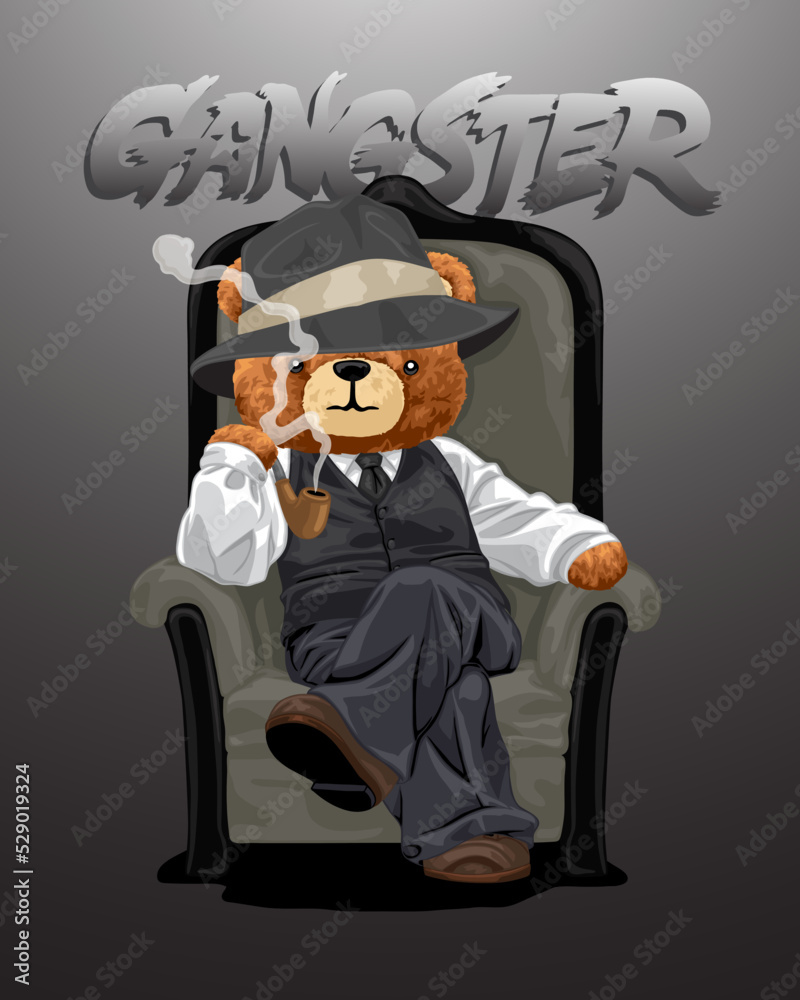 Hand drawn vector illustration of teddy bear in gangster style sitting ...