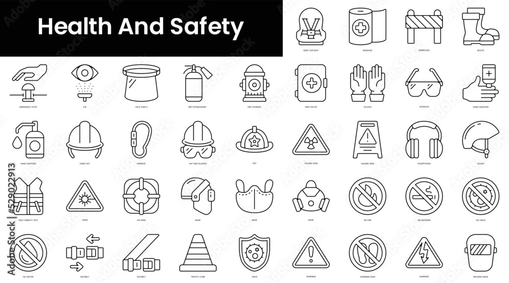 Set of outline health and safety icons. Minimalist thin linear web ...