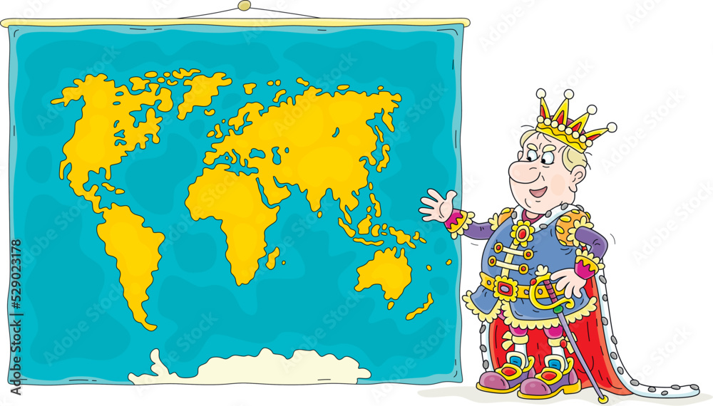 Funny angry king scrutinizing his geographical map of the world and ...
