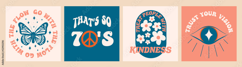 70s inspired retro hippie graphic set for T-shirt, posters, cards ...