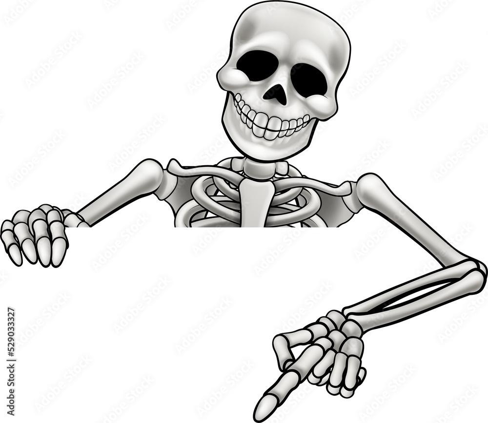A skeleton Halloween cartoon character peeking over a sign and pointing ...