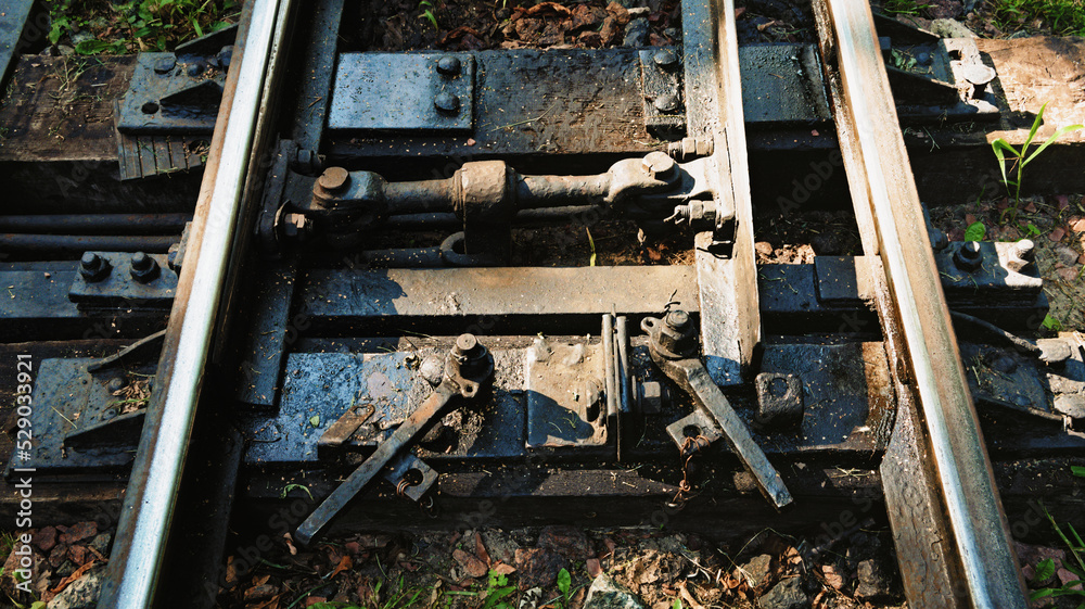 Detailed view of Railway track switch. Railway pointwork, railway ...