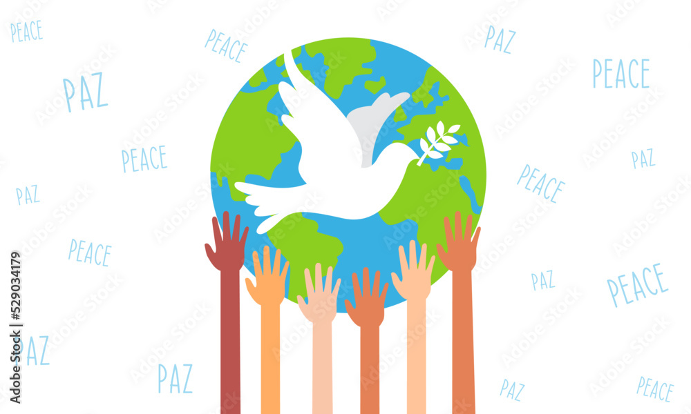 Ilustración de el mundo con unas manos y una paloma que simboliza la ...