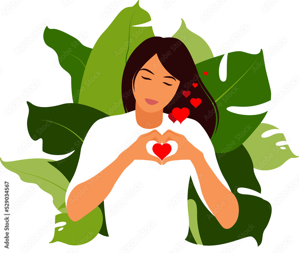 Self-love concept. Young girl making hand heart symbol with her fingers ...