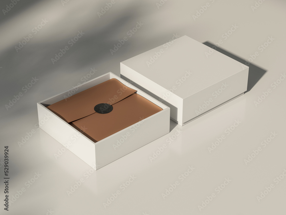 Square White Box Mockup with golden wrapping paper and sticker on white ...