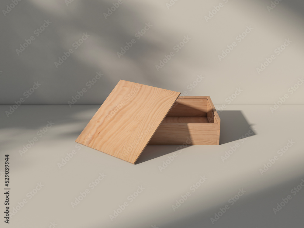 Opened Wooden plywood box Mockup on white table with shadows. 3d ...