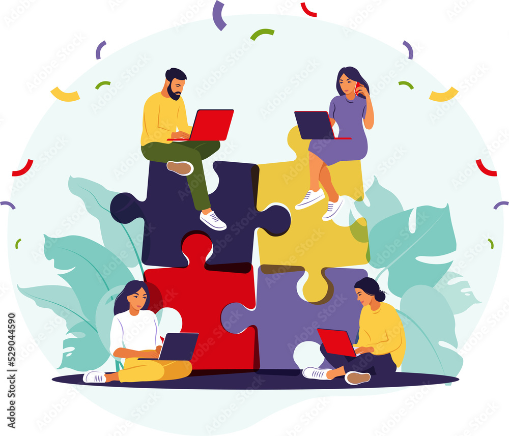 Business team putting together puzzle. Cartoon partners working in ...