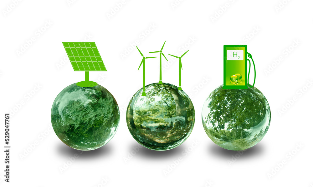 three green spheres with icons for solar energy, hydrogen energy and ...