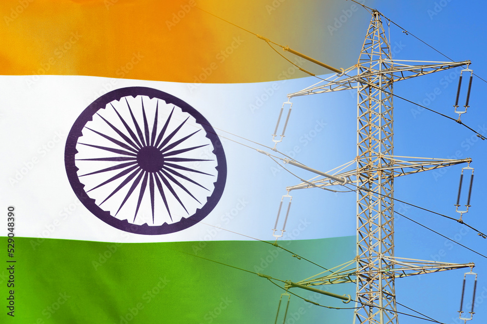 India flag on electric pole background. Power shortage and increased energy consumption in India ...