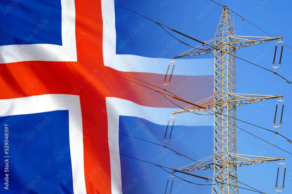 Iceland flag on electric pole background. Power shortage and increased energy consumption in ...