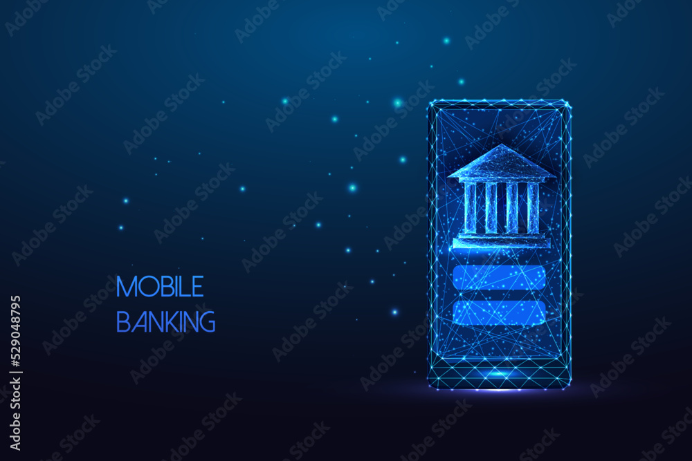 Concept of mobile banking with smartphone and bank building symbols in ...