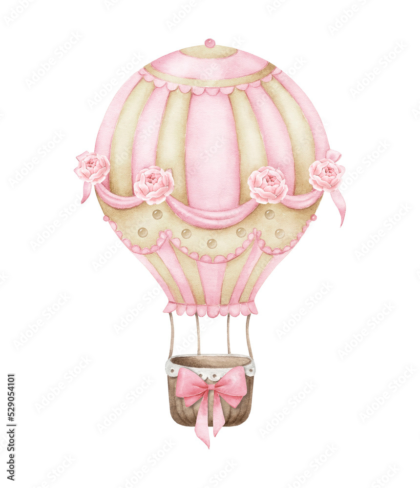 Pink hot air balloon with flowers..Watercolor illustration isolated on ...