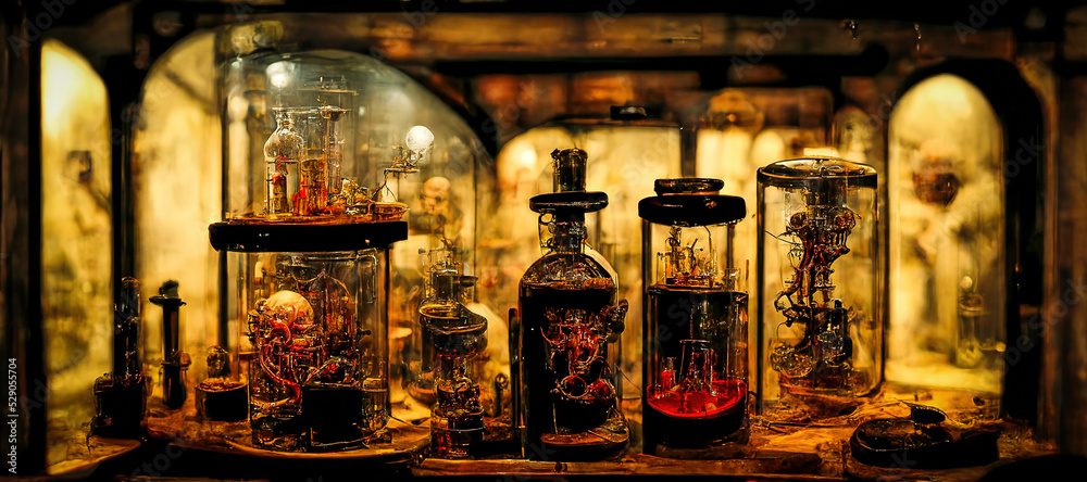 Old curio cabinet, terrifying as a museum of horrors, with bizarre ...