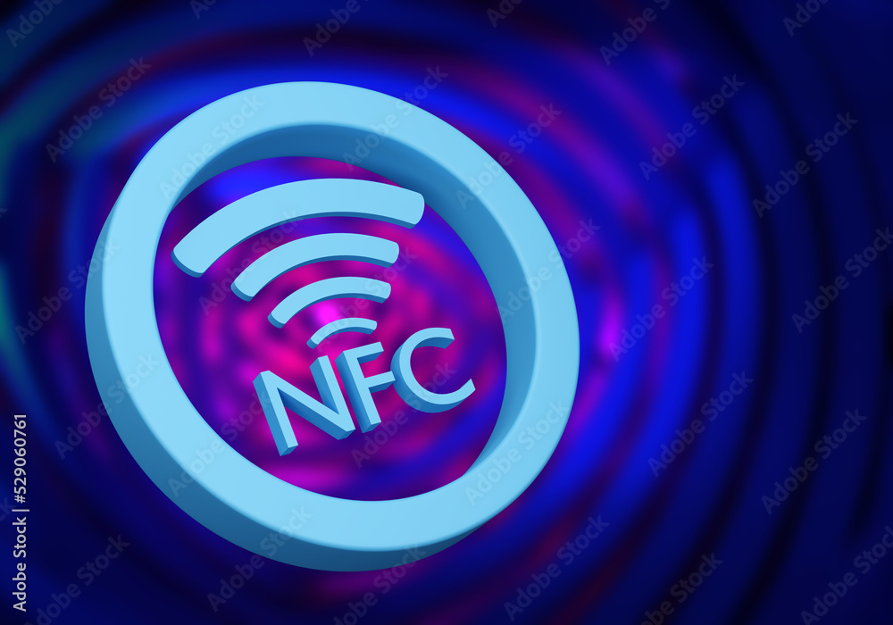 NFC payment. NFC tag on purple. Near field communication. Short range ...