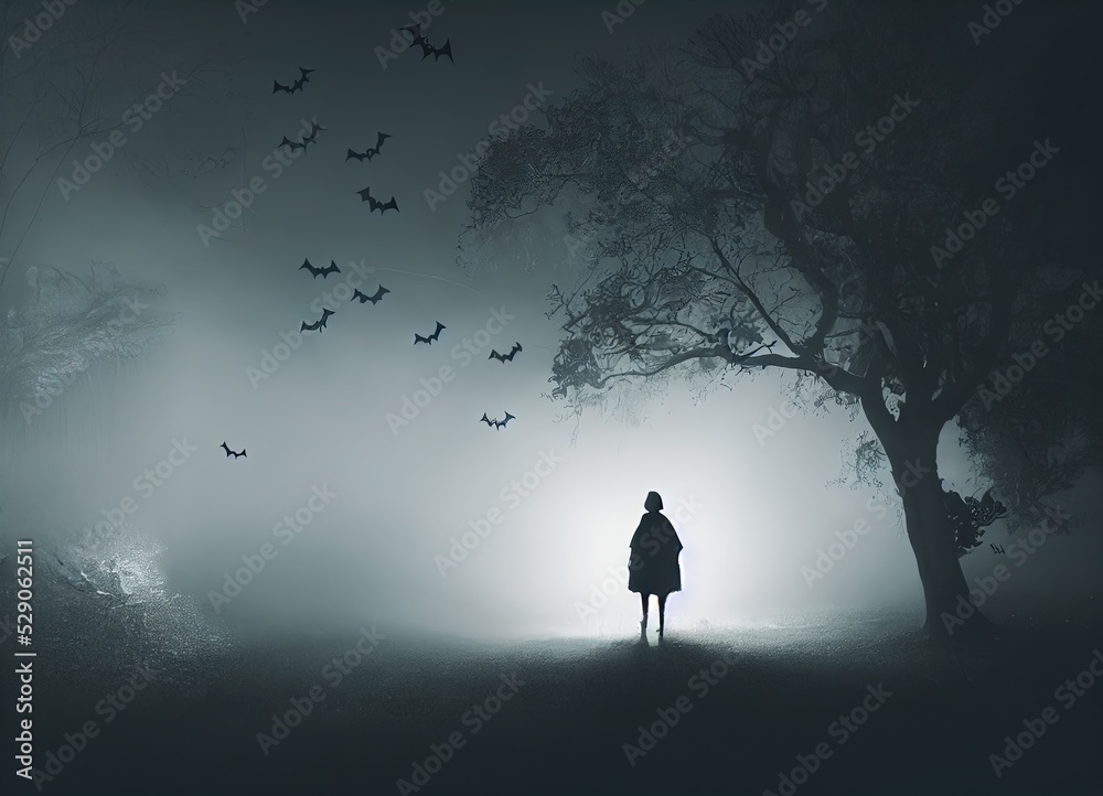 Human silhouette with fog and bats at night. Long shot. 3d illustration ...
