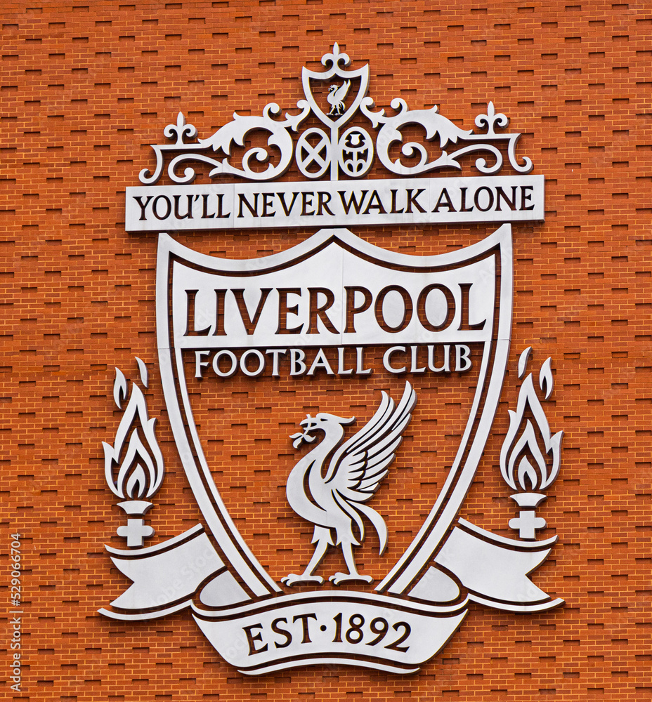 FC Liverpool Logo on the wall of Anfield stadium - LIVERPOOL, UNITED ...