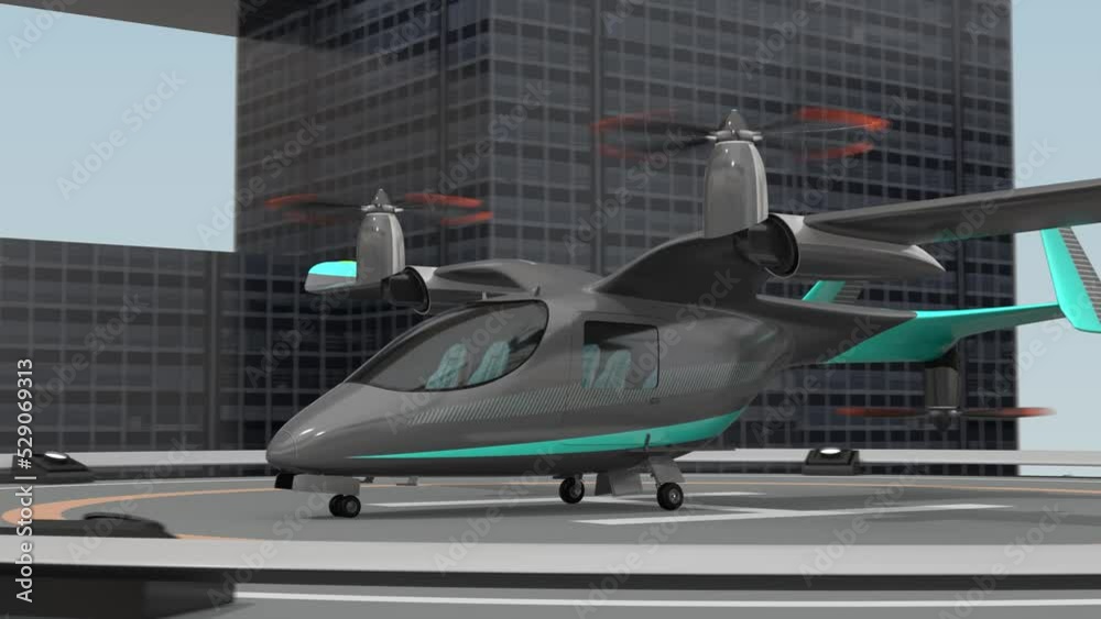 Electric VTOL passenger aircraft taking off from helipad. Urban ...