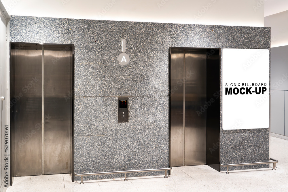 Mockup advertising billboard at front of elevator in building Stock ...