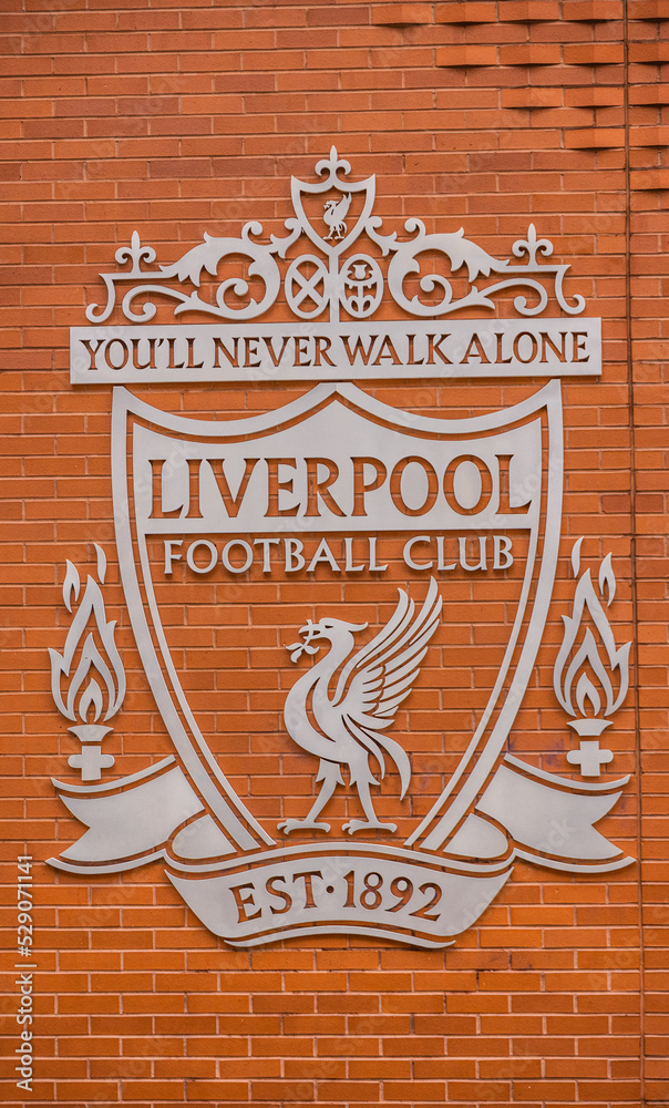 FC Liverpool Logo on the wall of Anfield stadium - LIVERPOOL, UNITED ...