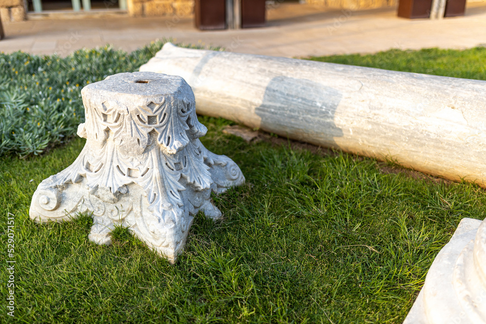 CAESAREA, Israel - August 2022, capital of column in Caesarea National ...