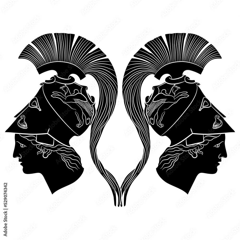 Symmetrical design with two heads of Athena Pallas. Ancient Greek ...
