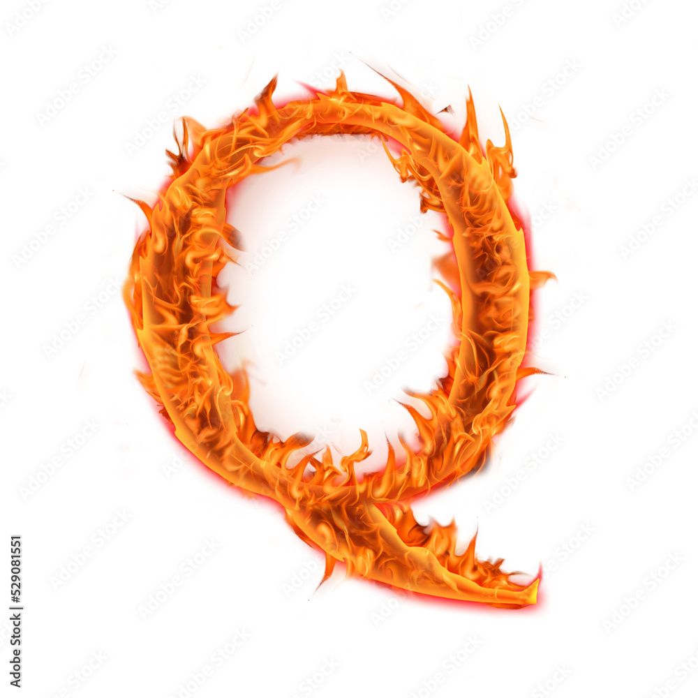 Alphabet Letter Q. Fire flames on transparent background, realistic fire effect with sparks ...