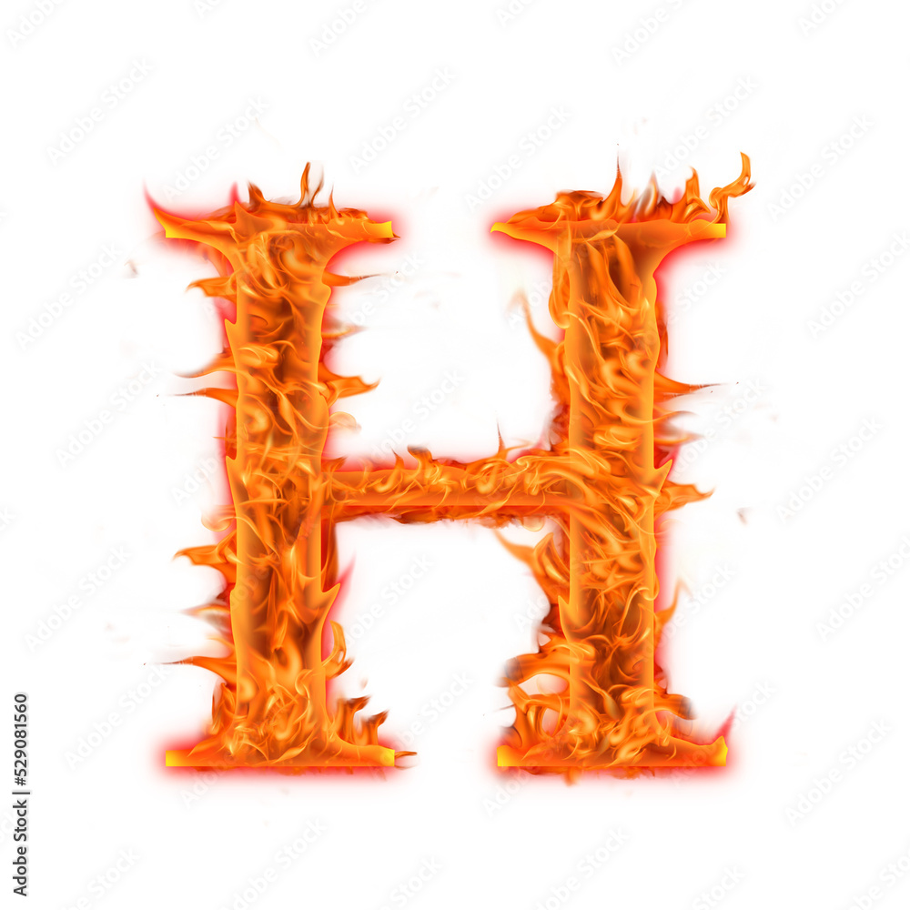 Alphabet Letter H. Fire flames on transparent background, realistic fire effect with sparks ...