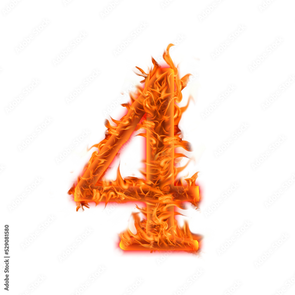 4, Number Four. Fire flames transparent background, realistic fire ...