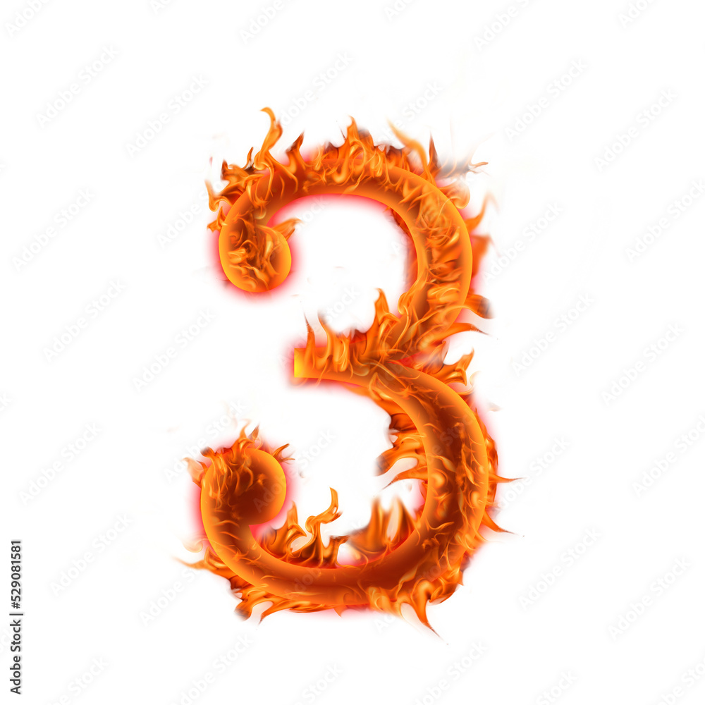 3, Number Three. Fire flames transparent background, realistic fire ...