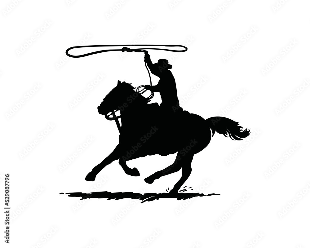 American cowboy riding horse and throwing lasso illustration symbol ...