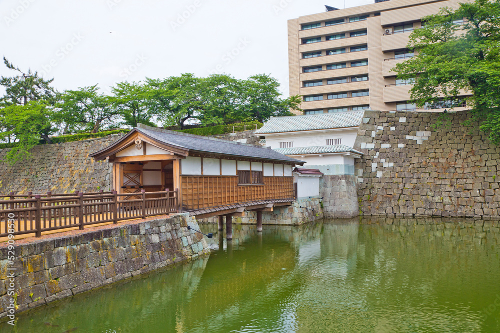 Fukui castle ruins at Fukui prefecture, Japan. The Kawara Gomon was the ...