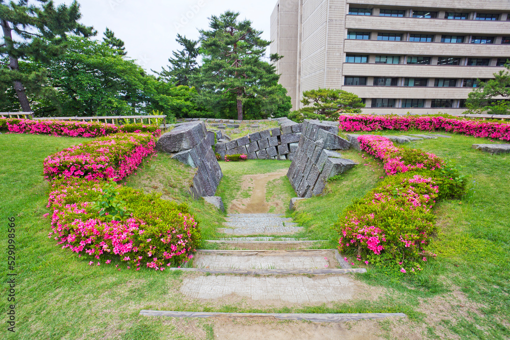 Fukui castle ruins at Fukui prefecture, Japan. The Kawara Gomon was the ...