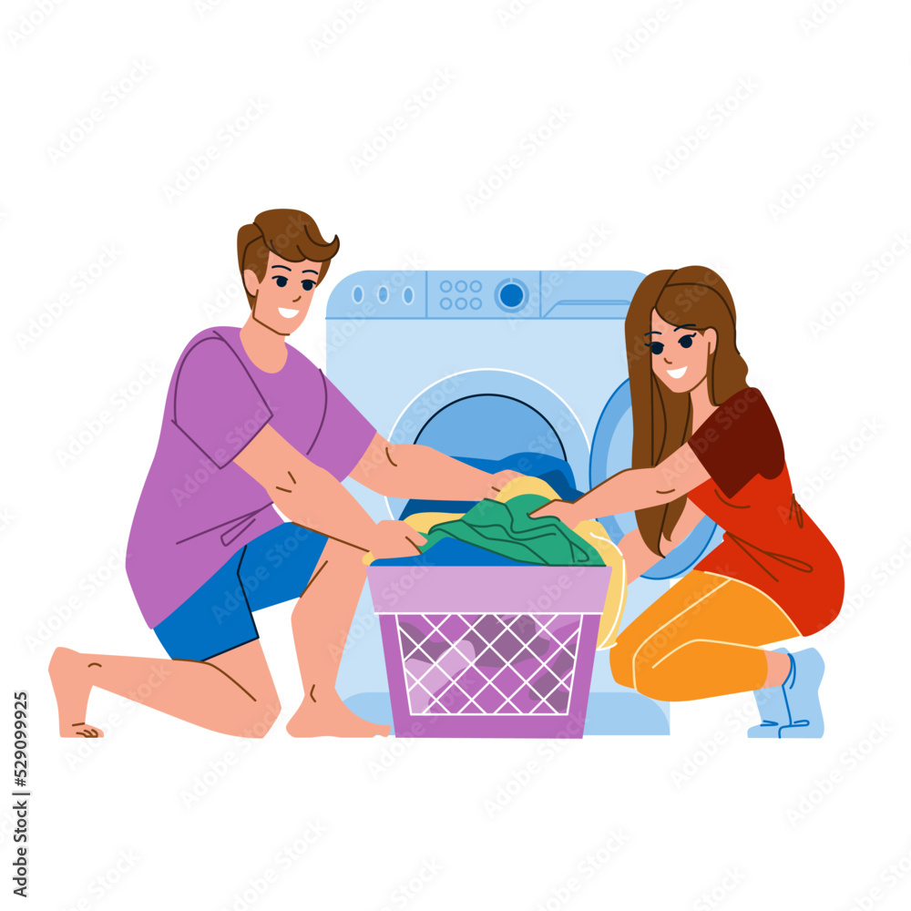 couple doing laundry vector. woman clothes, man family, people home ...